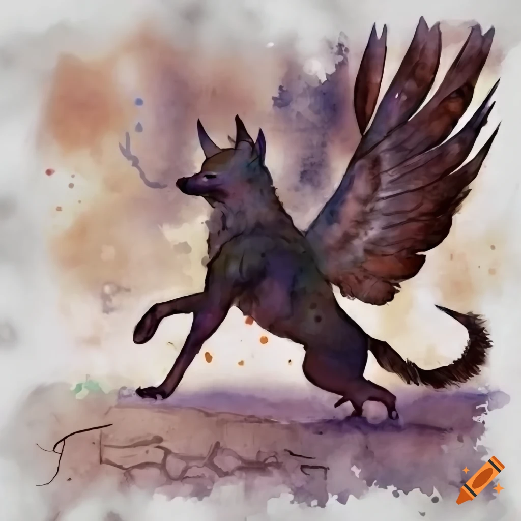 Dark Greek mythology landscape of Tartarus with a winged wolf on Craiyon