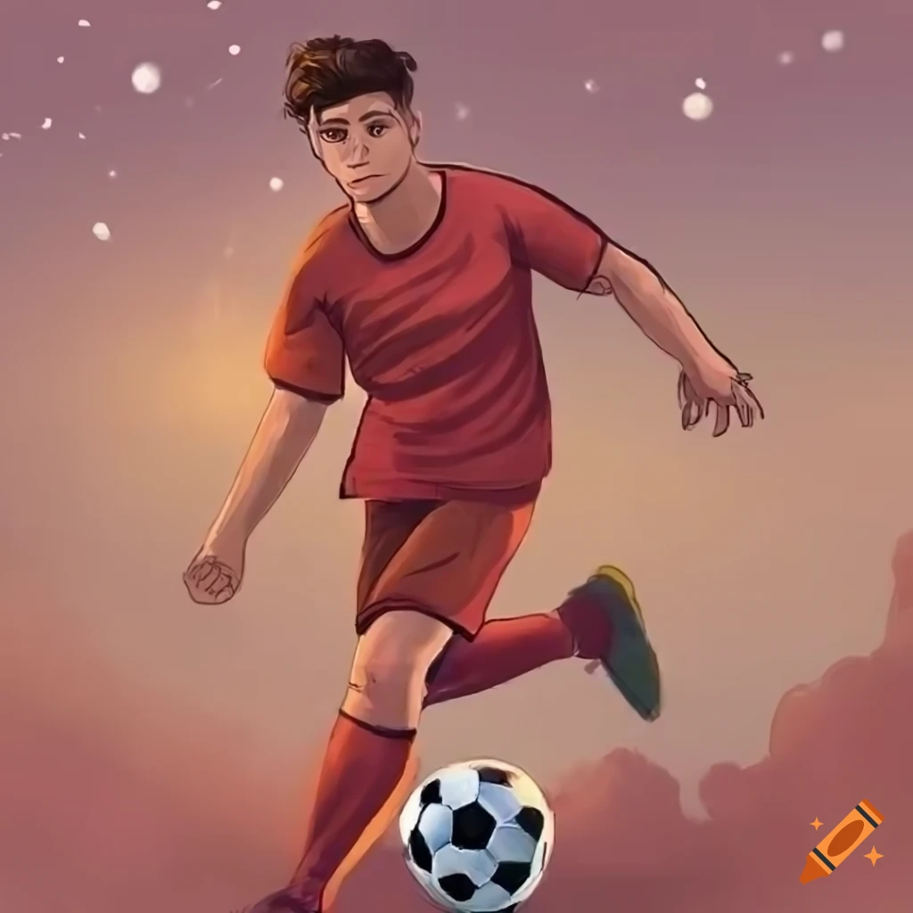 Handsome male soccer player in red uniform shooting with defenders and ...