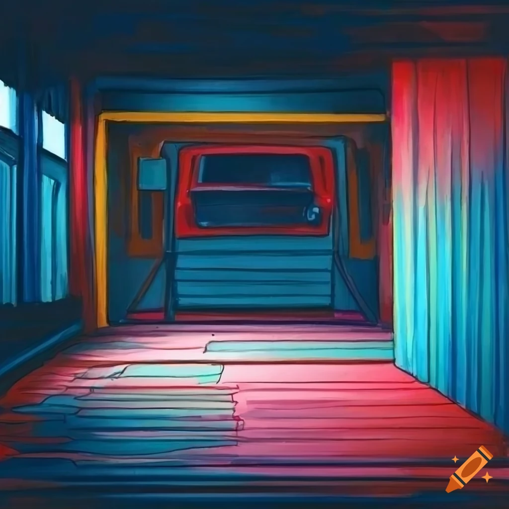 Crayon drawing of the inside of a garage on Craiyon