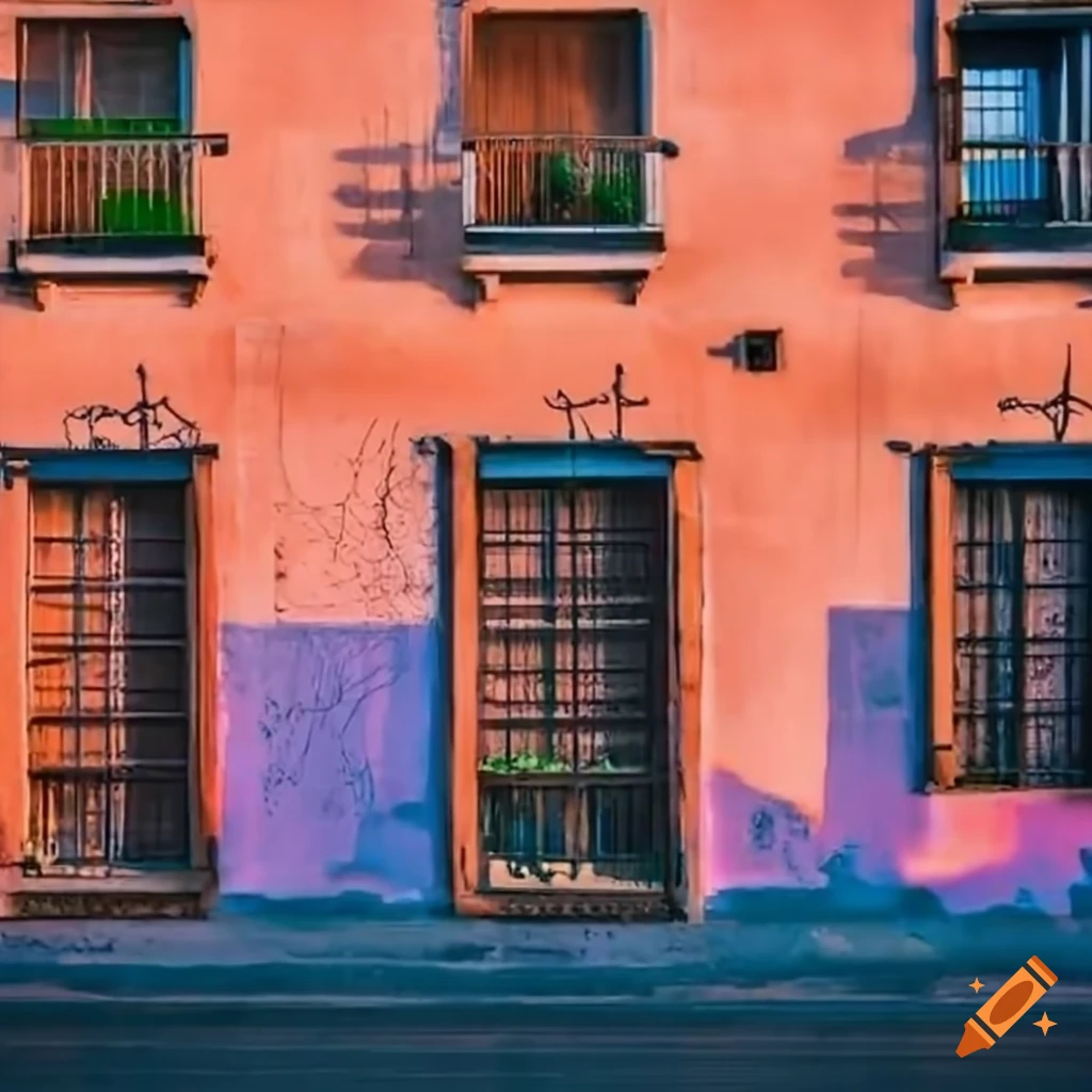 Rows of front facing windows from buildings in a rural Mexican town on ...