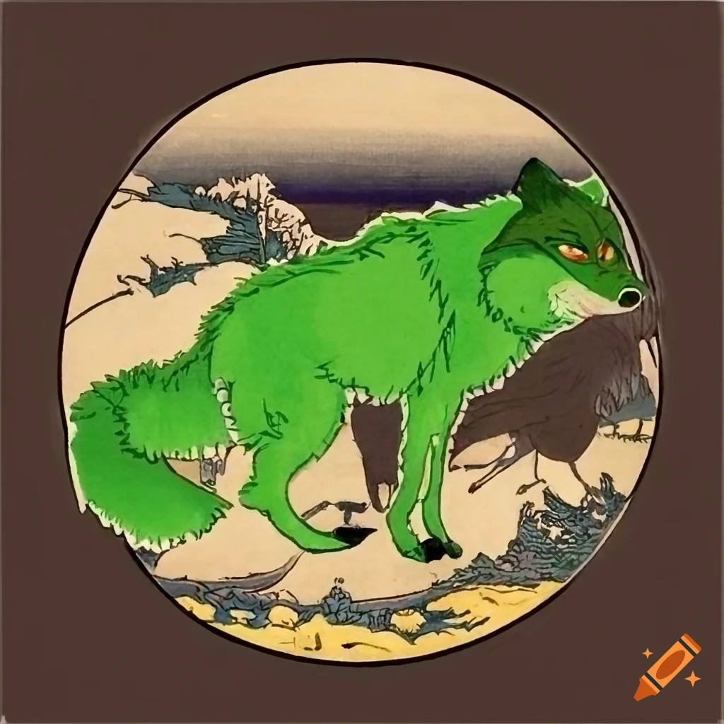 Green wolf in old ukiyo-e art style on Craiyon