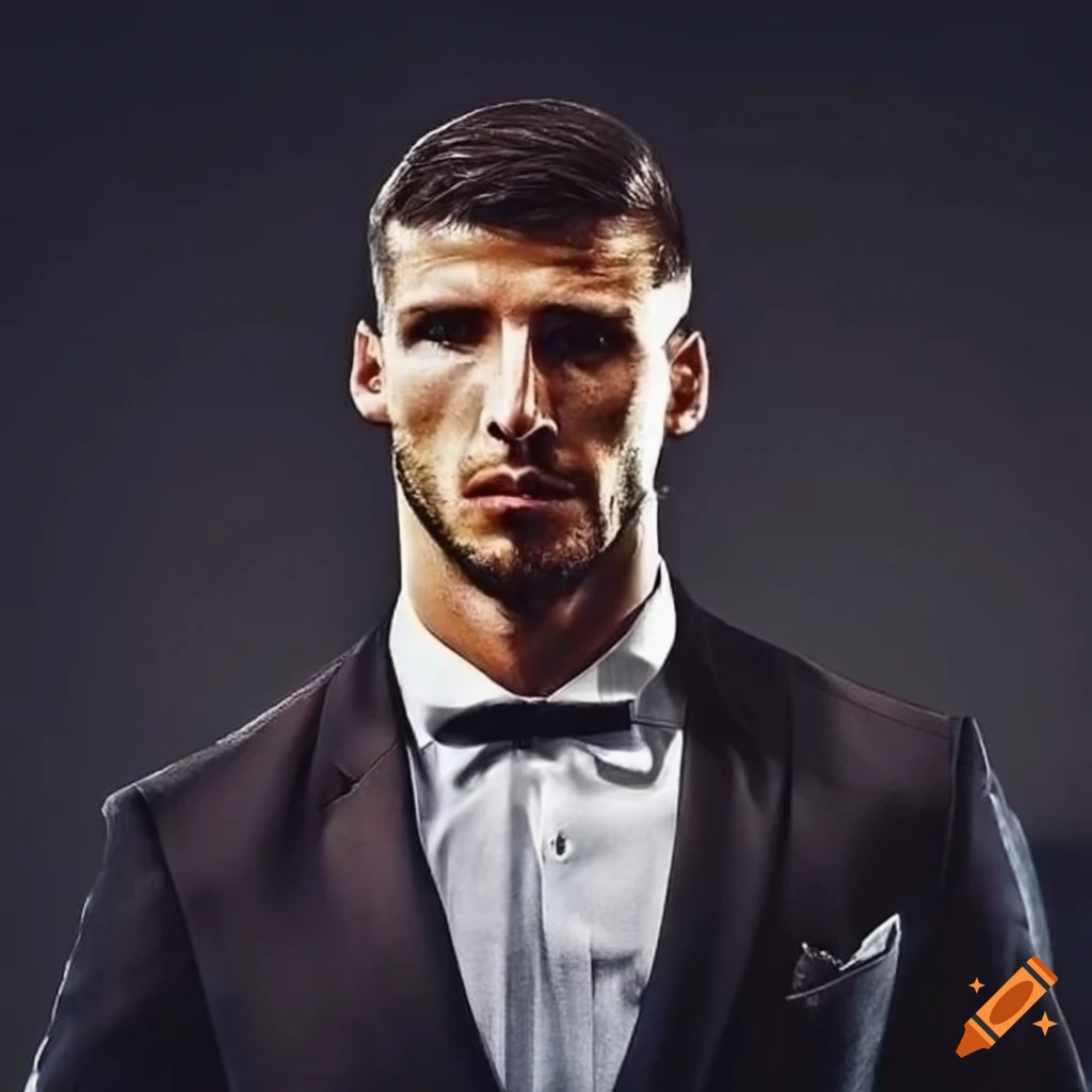 Portuguese footballer ruben dias in a sharp formal suit on Craiyon