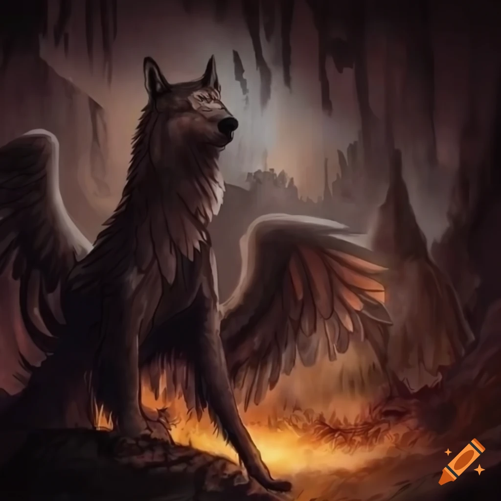 Greek mythology landscape of Tartarus with a winged wolf on Craiyon