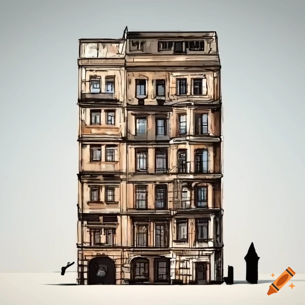 Flat, orthographic illustration of a two-storey old apartment building ...