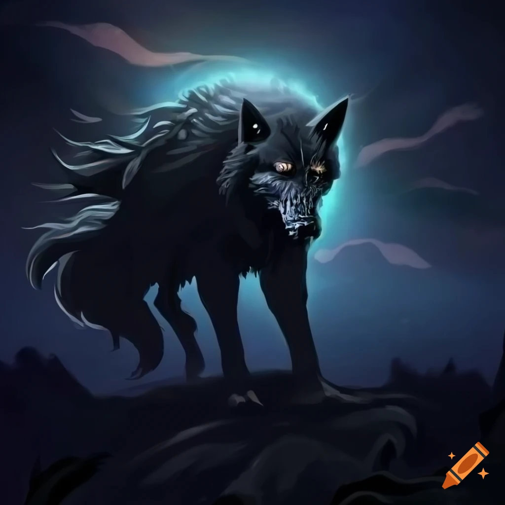 Dark Greek mythology landscape with a winged wolf in Tartarus on Craiyon