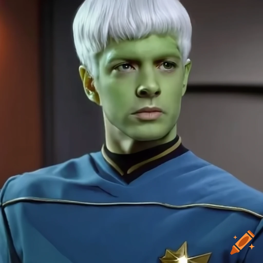 Character Orion with short white hair and green skin wearing Starfleet ...