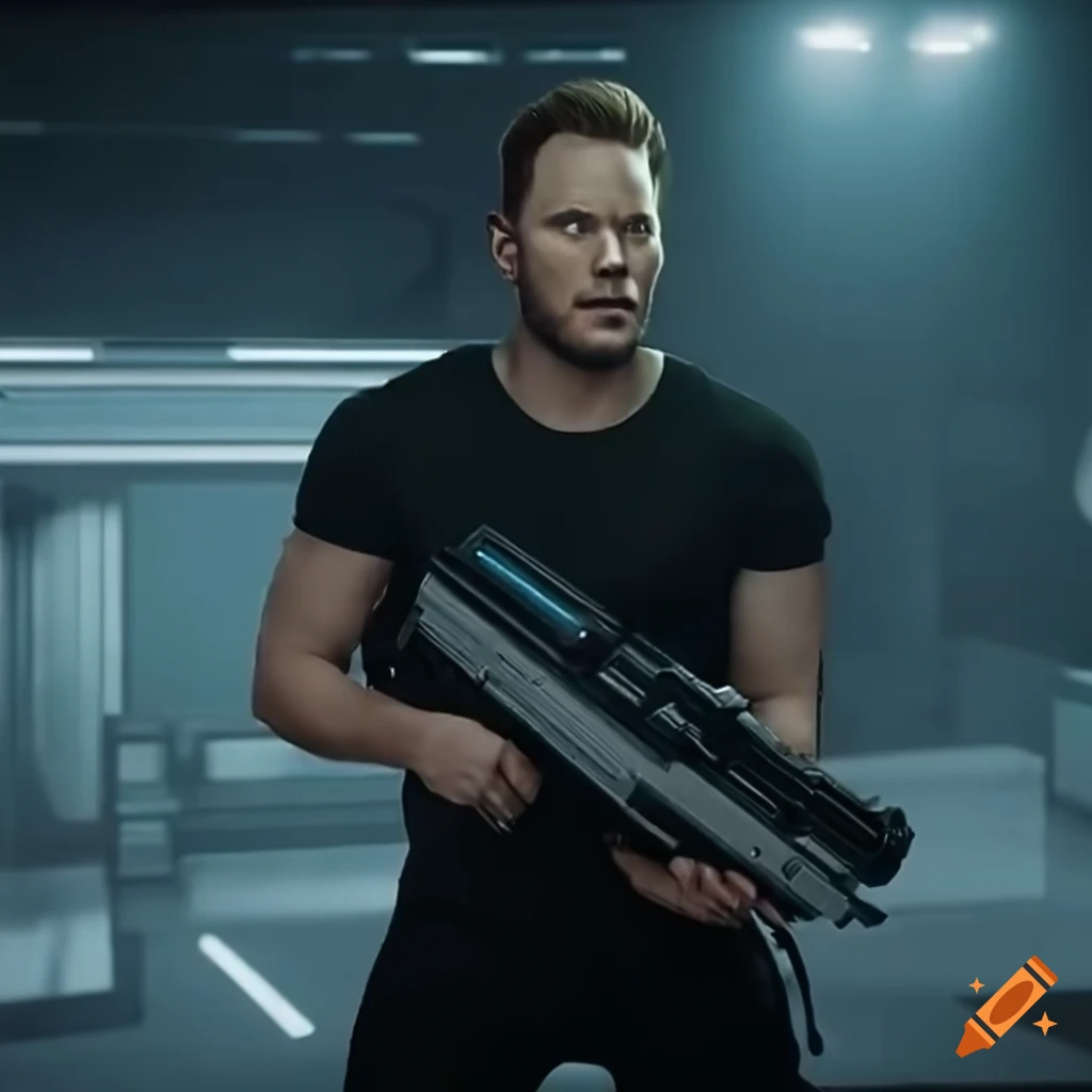 Sci-fi man in battle with a black sci-fi shotgun, accompanied by ...