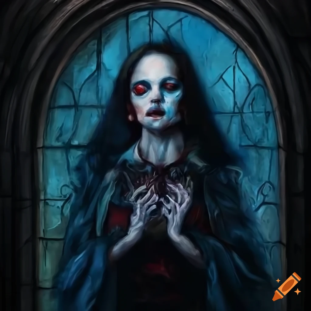 Fantasy vampire character gazing through a gothic castle window ...