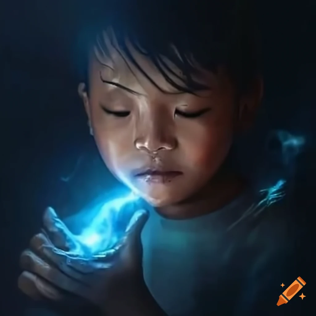 Meteorite bursting with light around a Filipino boy on Craiyon
