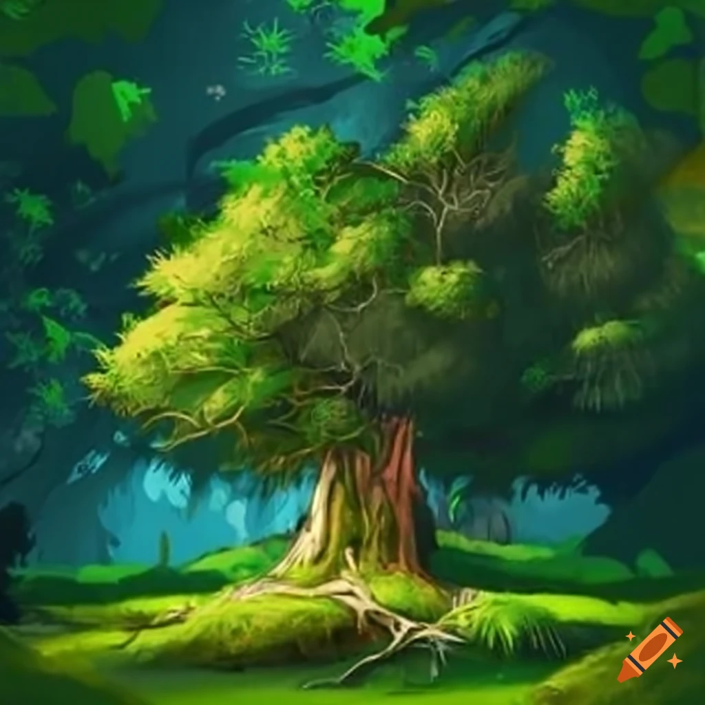 Lush valley scene with a grand moss-covered tree at its heart on Craiyon