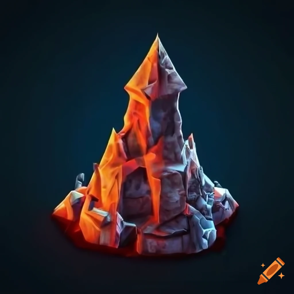 Triangular base building with elemental stones covered in fire and ...