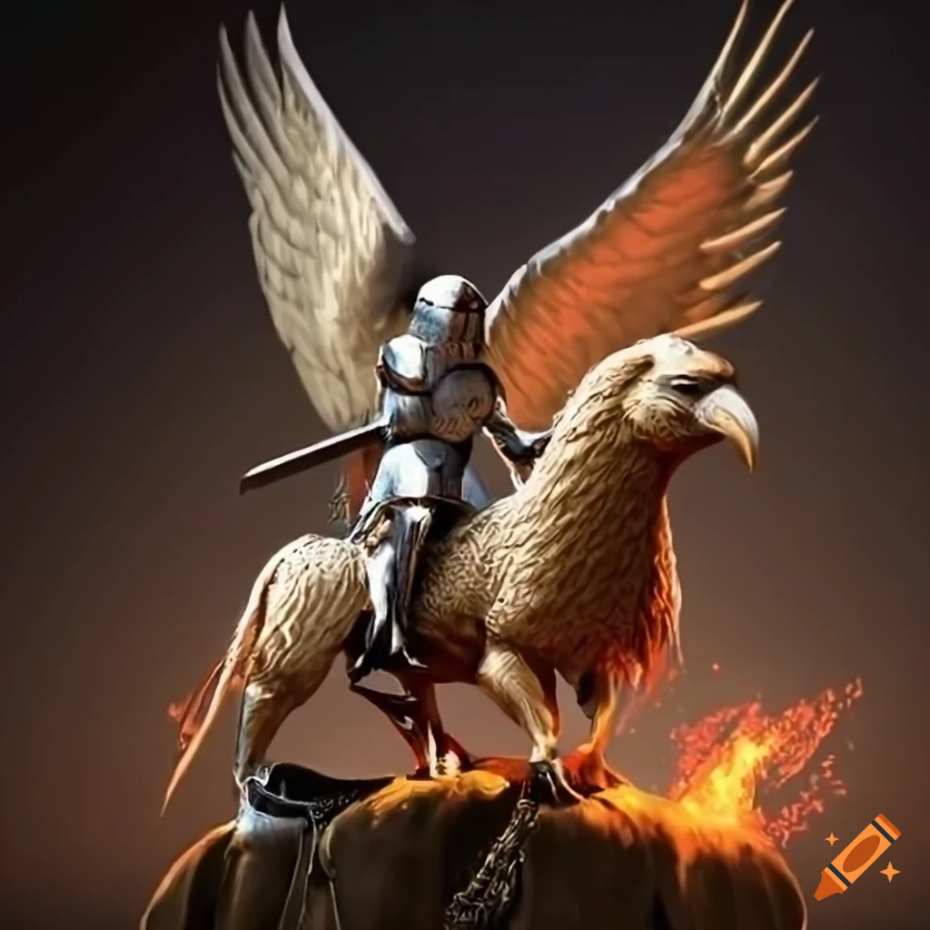 Medieval knight riding a griffin on Craiyon