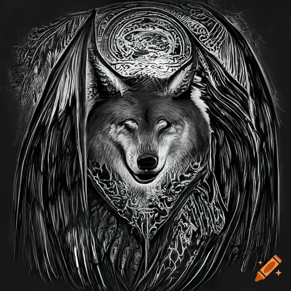 Dark Greek mythology landscape of Tartarus with a winged wolf on Craiyon