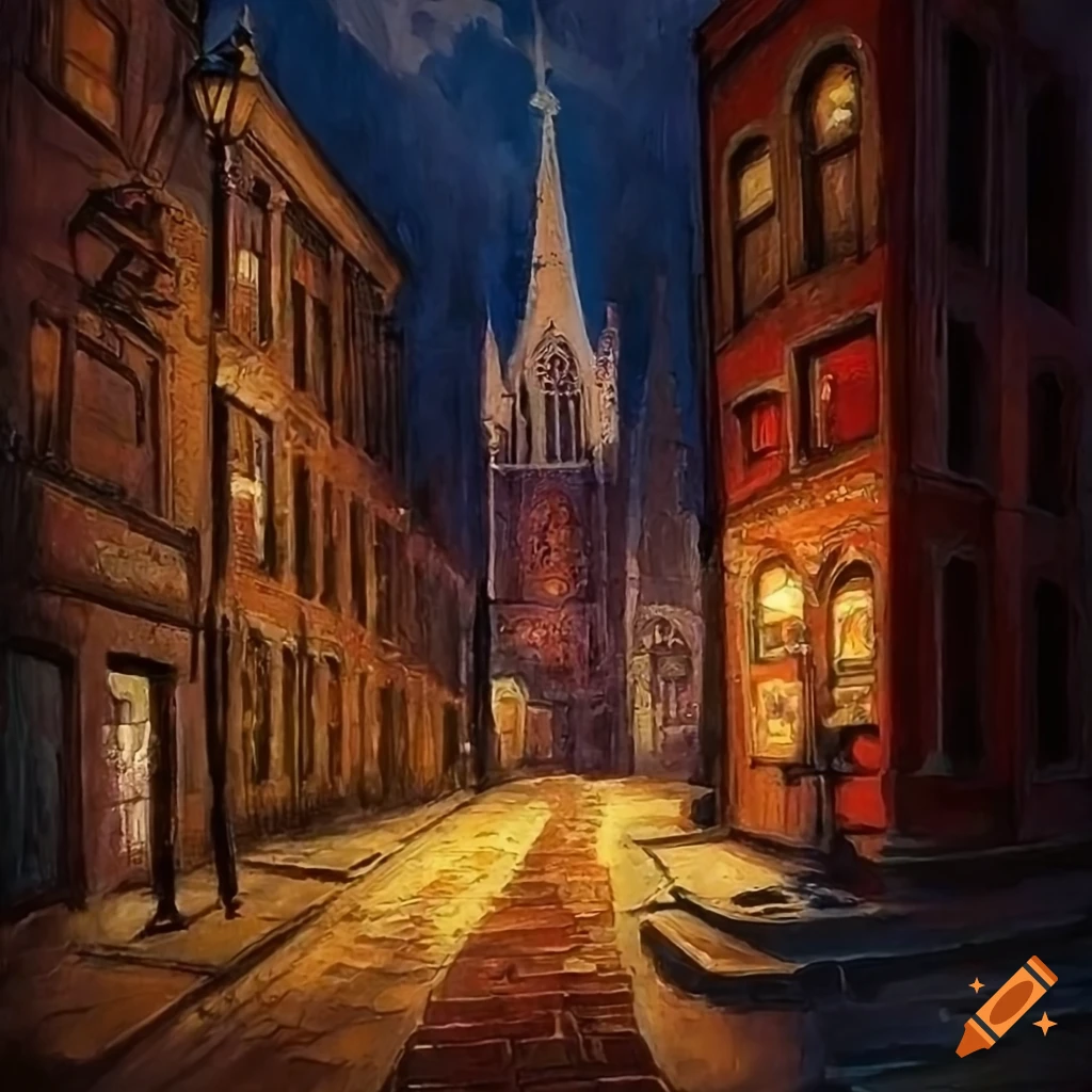 Victorian 1800s alleyway leading to a grand church under the night sky ...