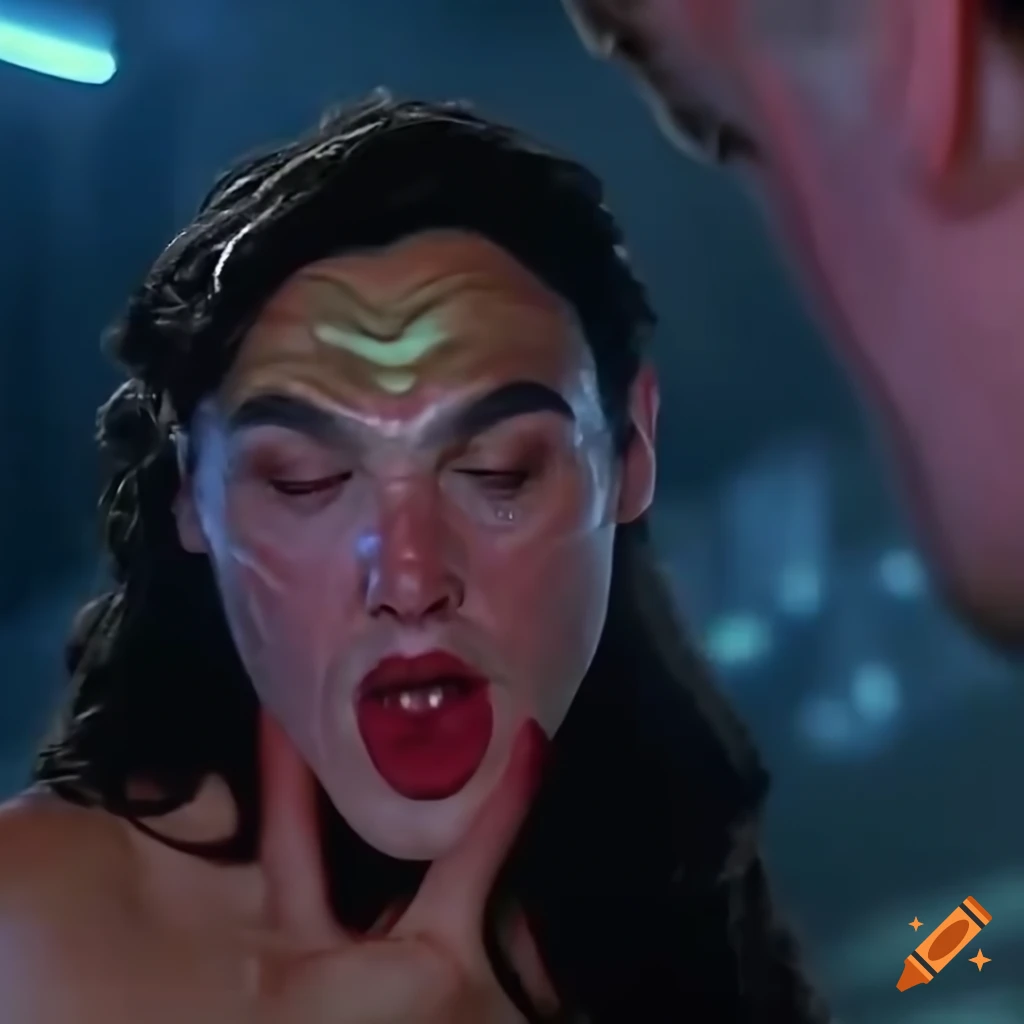 Expressive closeup of a dizzied and bloodied action heroine from an 80 ...