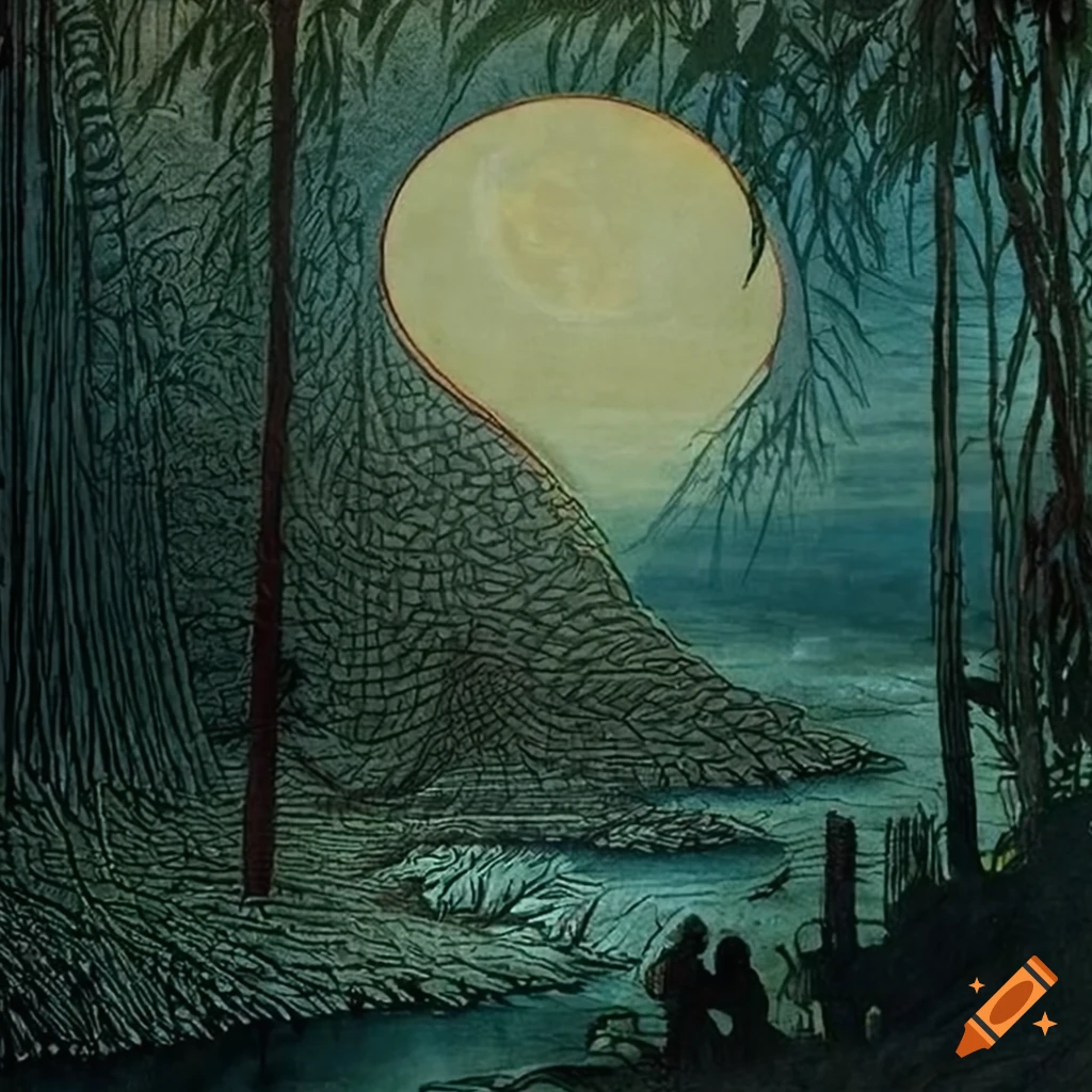 Illustration merging Celtic, Japanese, and Viking cultures in the Amazon rainforest at twilight ...