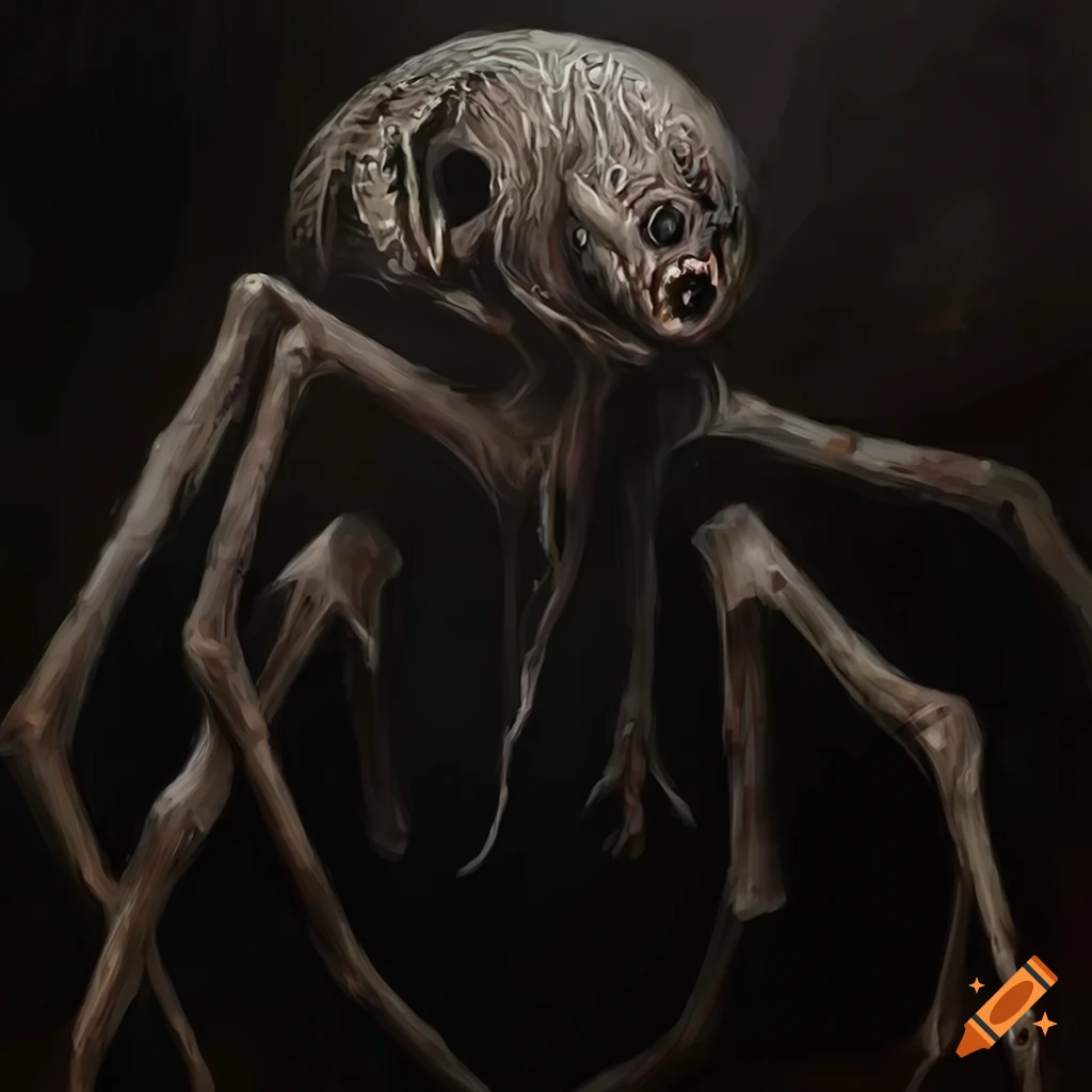 Unique pale humanoid spider creature in dark art style on webbed wood ...