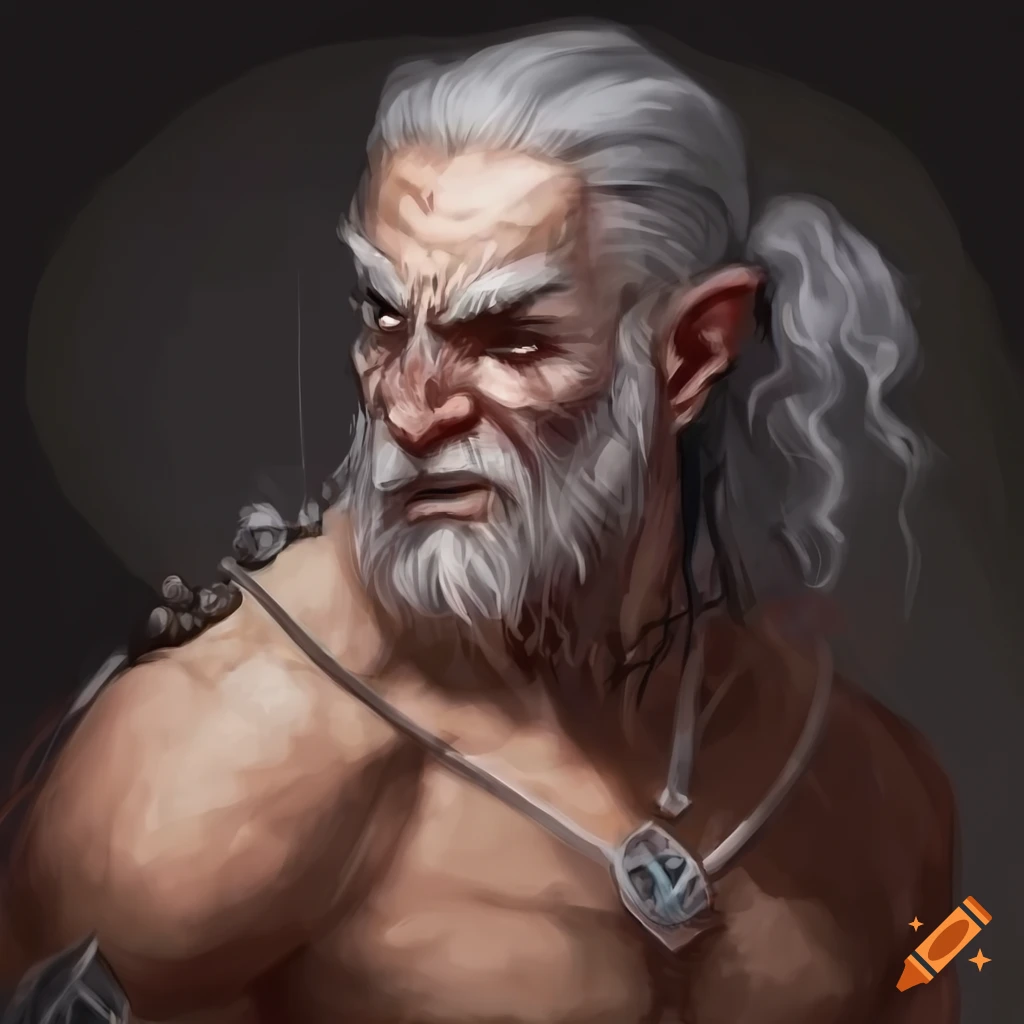 Detailed artwork of a stern grey-eyed barbarian with grey hair and ...