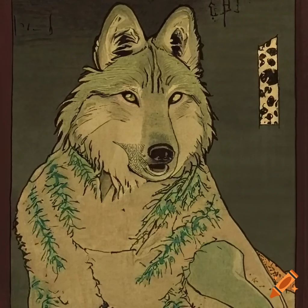Green wolf in old ukiyo-e art style on Craiyon
