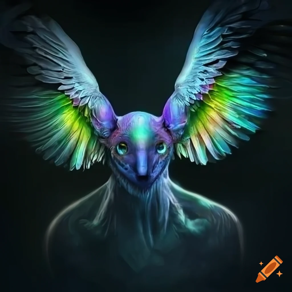 Fantastical creature with iridescent wings and striking eyes in high ...