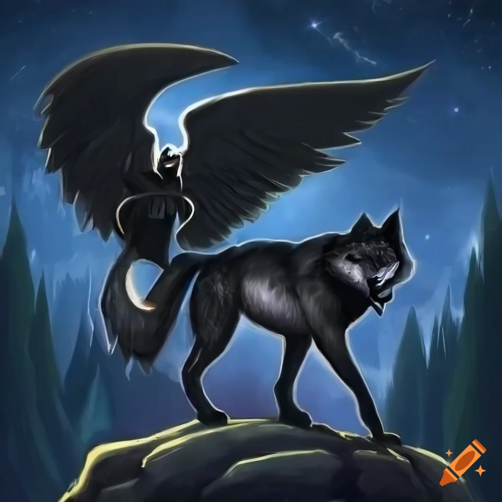 Paisagem escura da mitologia grega com um lobo alado e pedras angelite on Craiyon