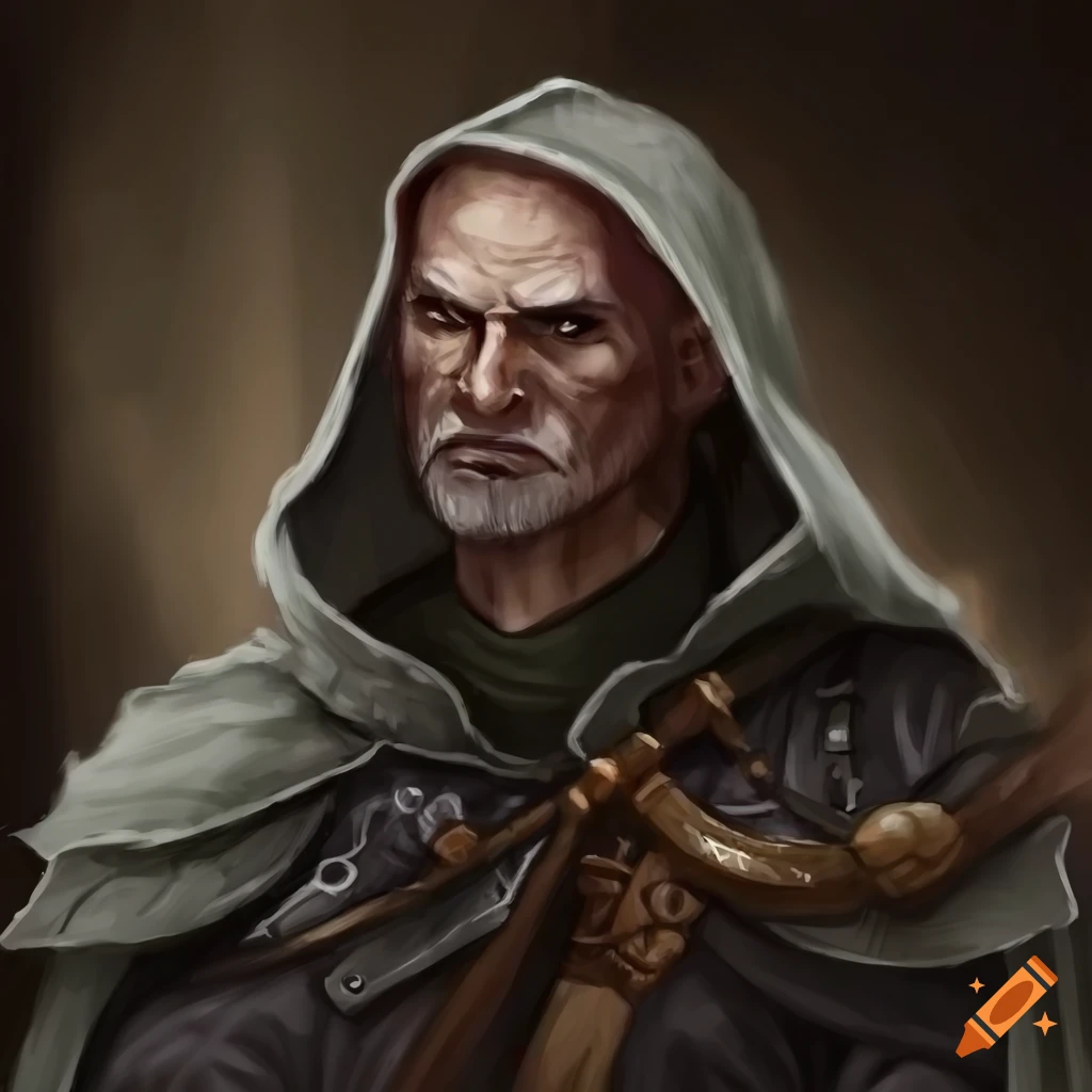 Stern veteran ranger with grey eye and hair in a grey cloak on Craiyon