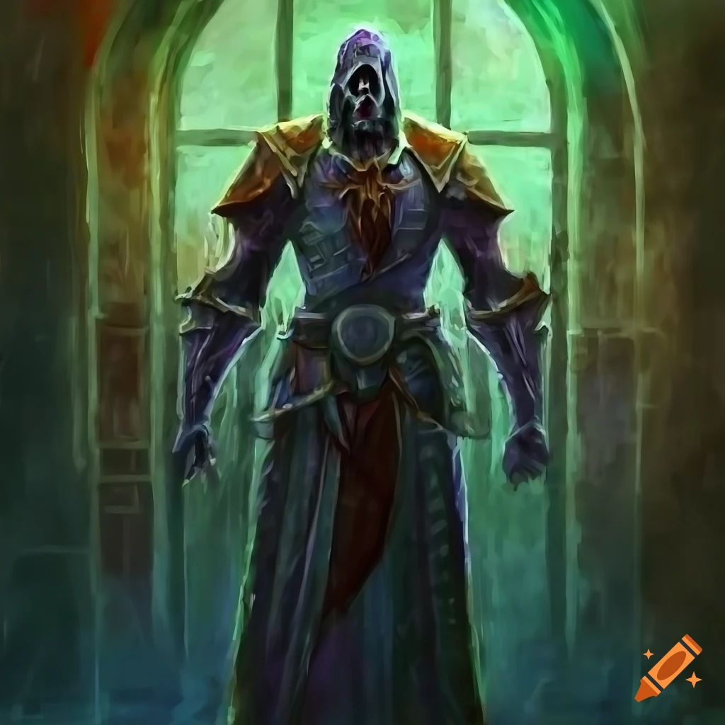 Fantasy undead character in dark armor by a stained glass window in a ...