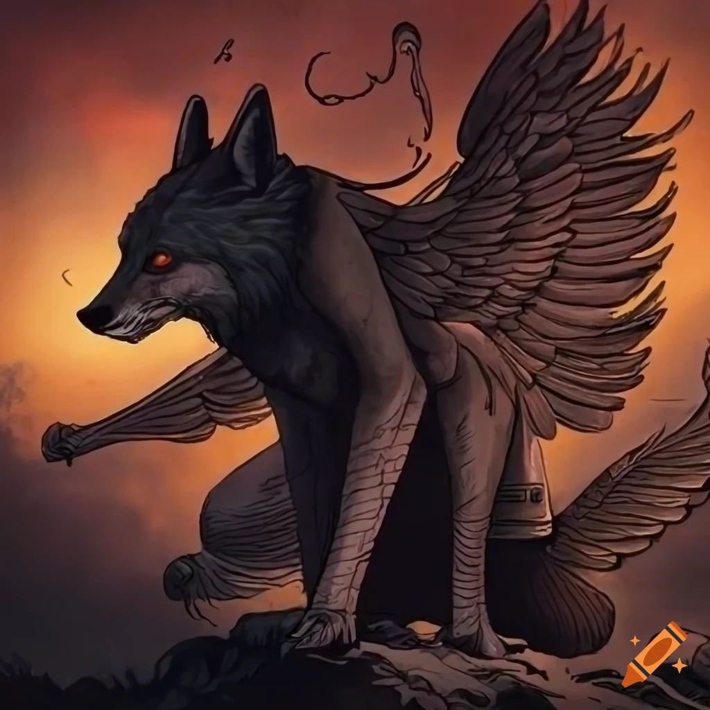 Dark Greek mythology landscape of Tartarus with a winged wolf on Craiyon