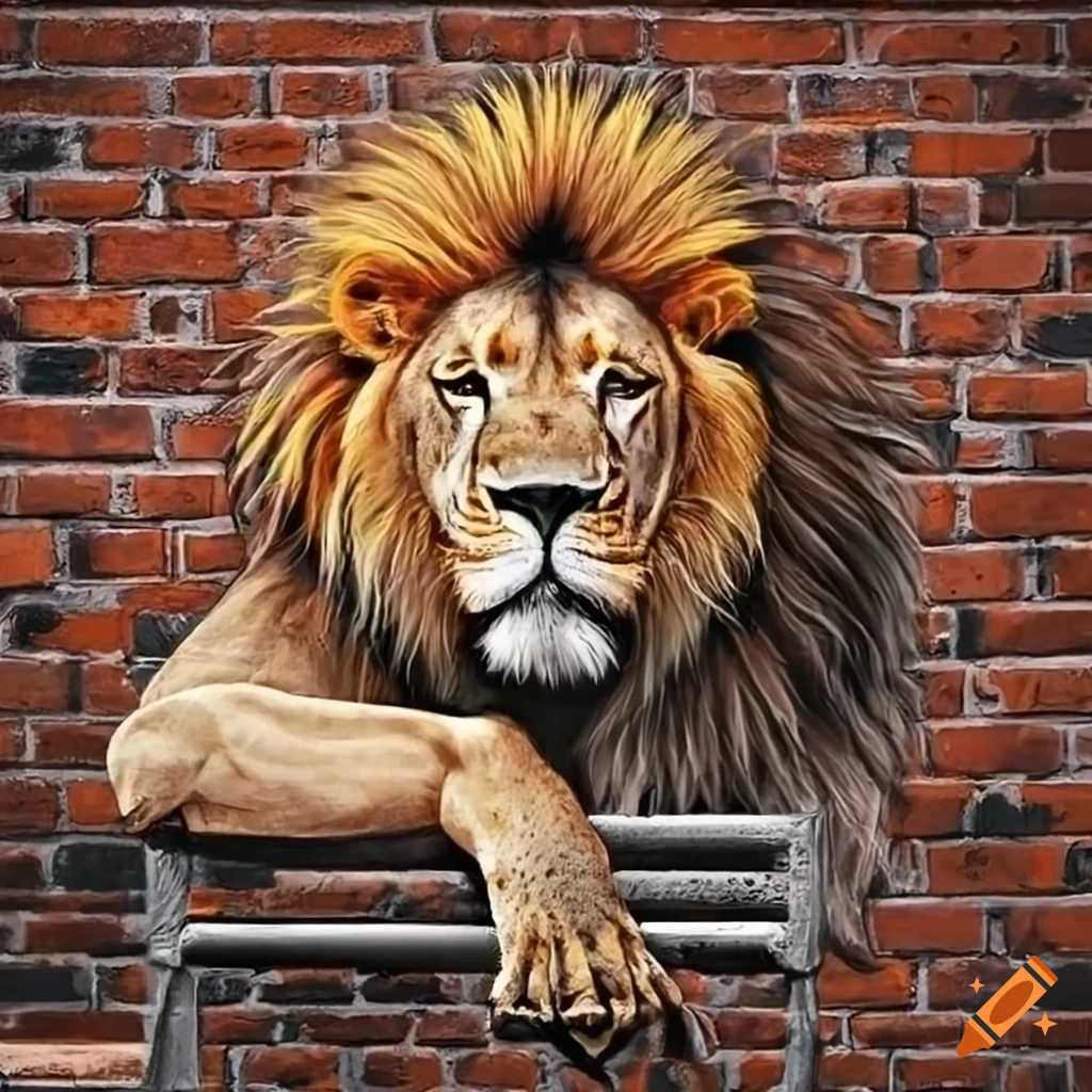 Majestic and realistic lion mural on a brick wall with a seat on Craiyon