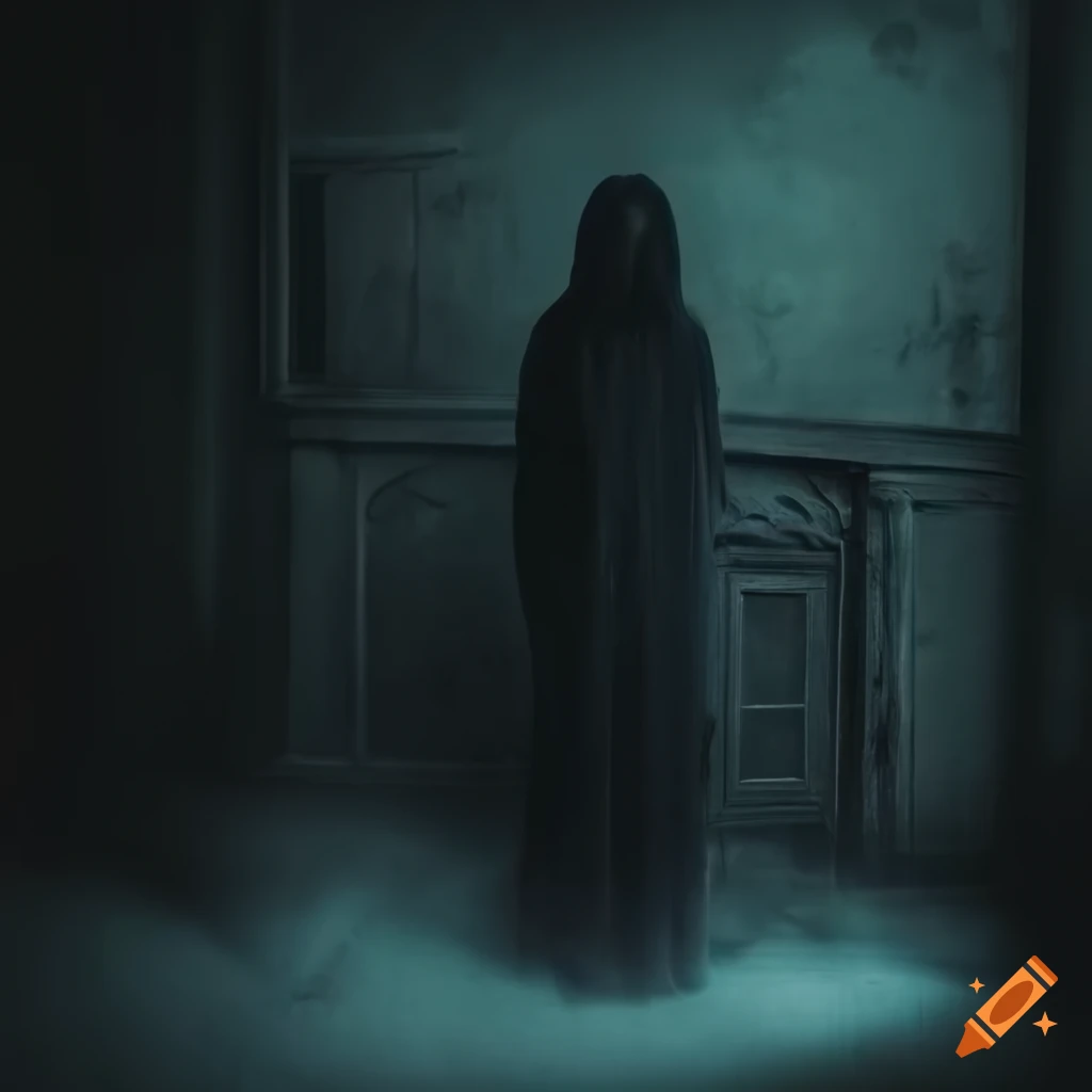 Dark shadowy figure in a haunted house room on Craiyon