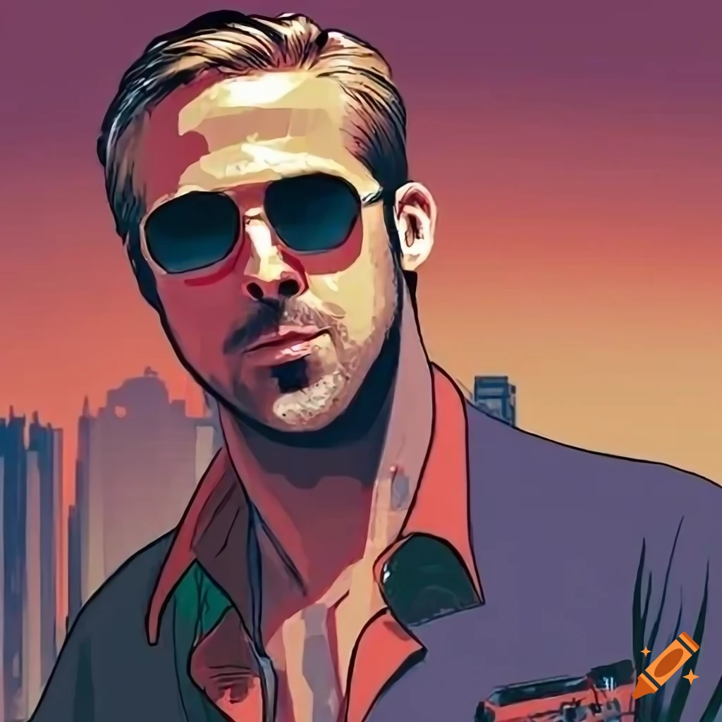 Ryan gosling in gta style cover artwork on Craiyon