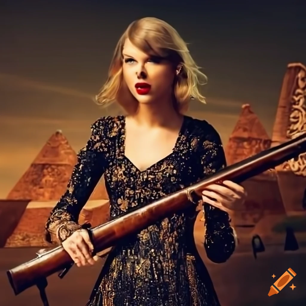 Taylor Swift posing with a musket in front of Aztec setting on Craiyon