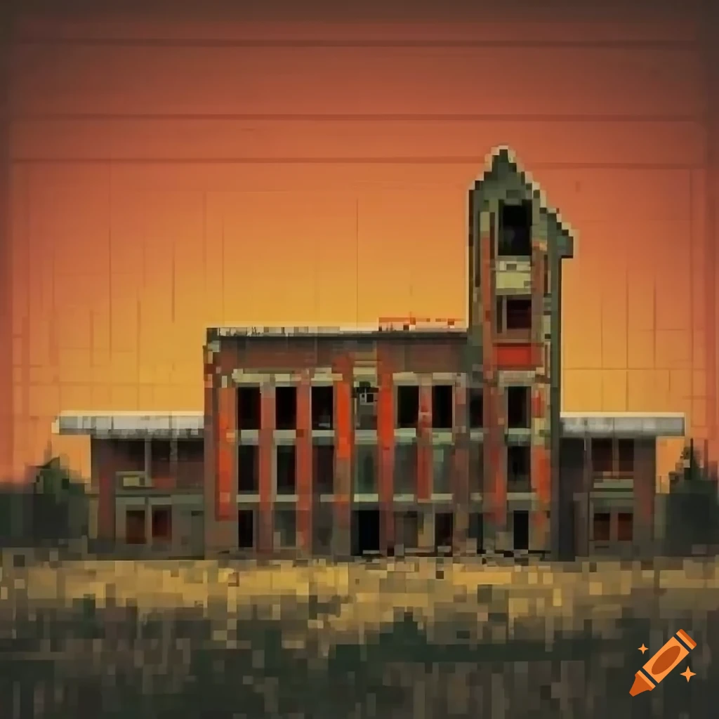Eerie pixelated old orange abandoned school building during golden hour ...