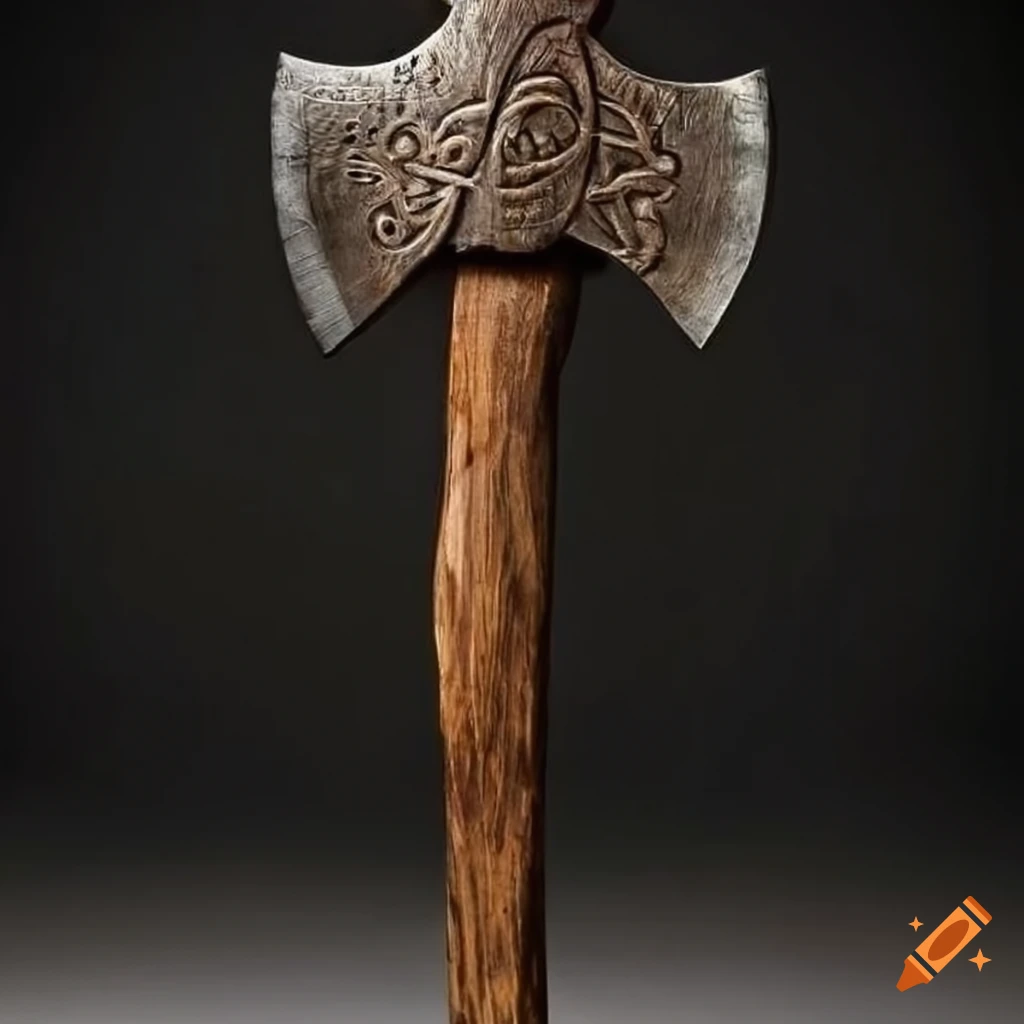 Ornamented wooden war axe with double edges made from amber on Craiyon