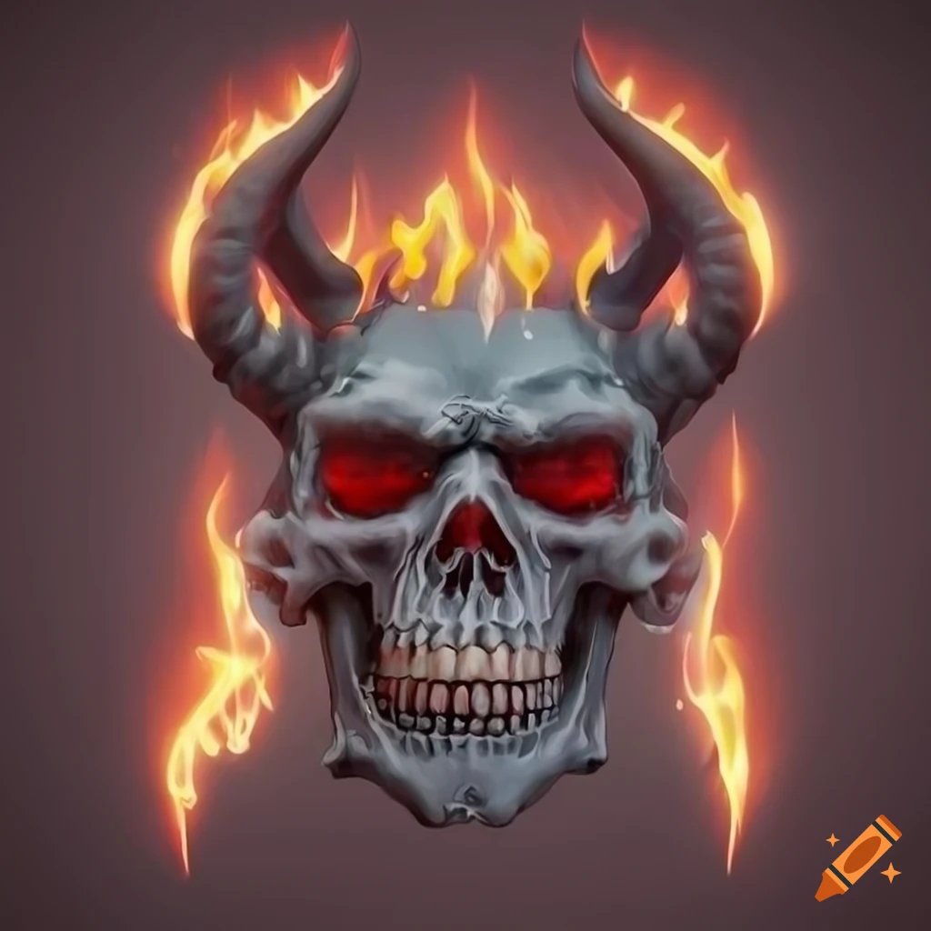 Stylized artwork of a detailed flaming demon skull with glowing red ...