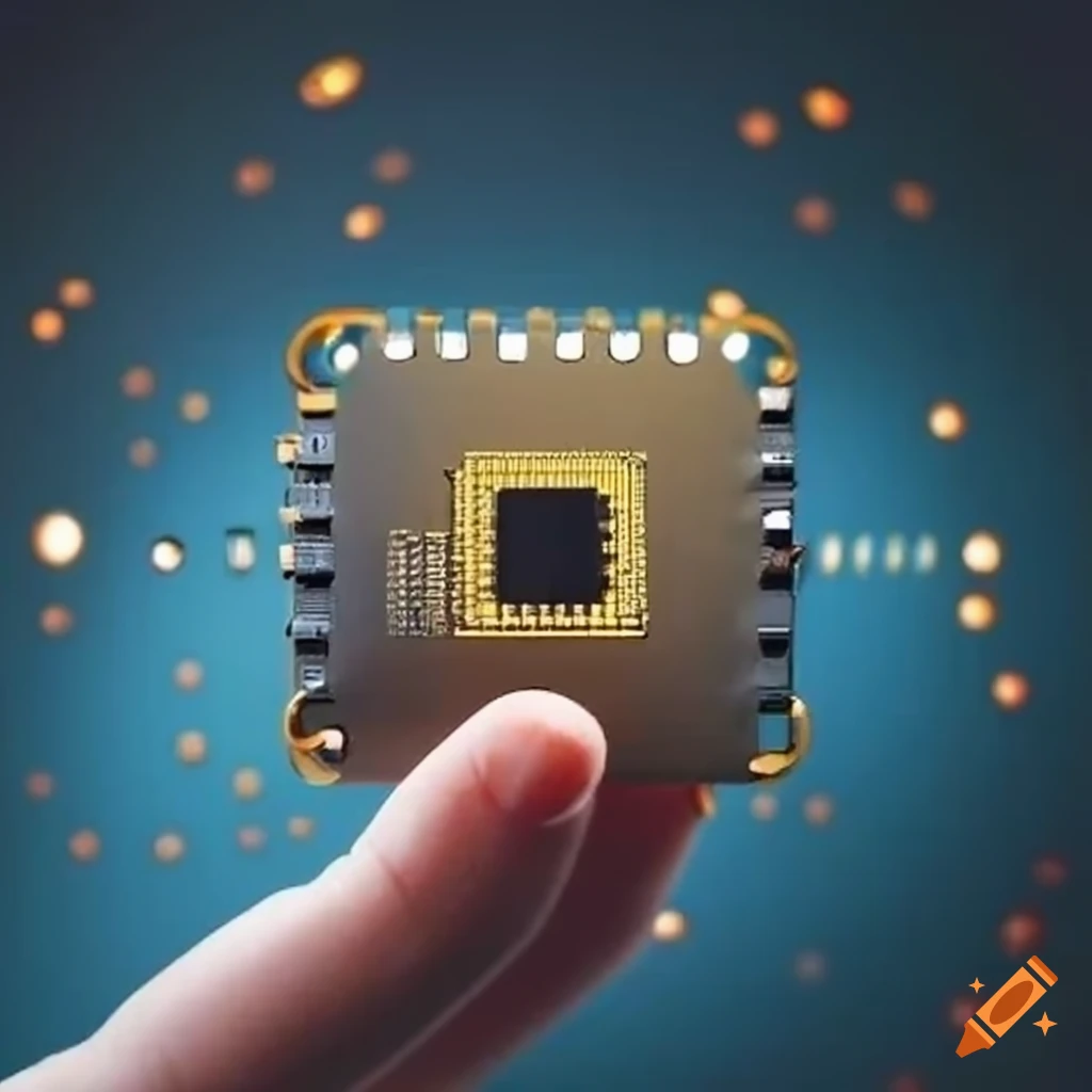 Small tracking chip resembling a motherboard held in hand on Craiyon