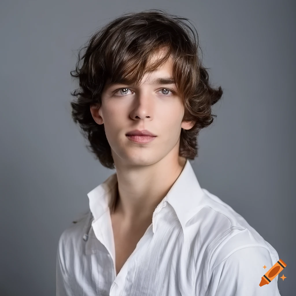 Young male model with emerald eyes and wavy brown hair in 19th-century ...