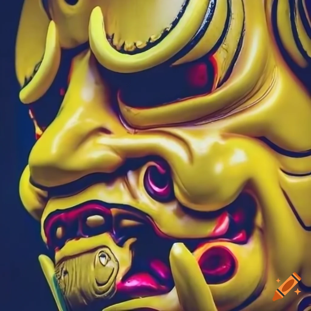 Yellow oni japanese mask with a cyberpunk style on Craiyon