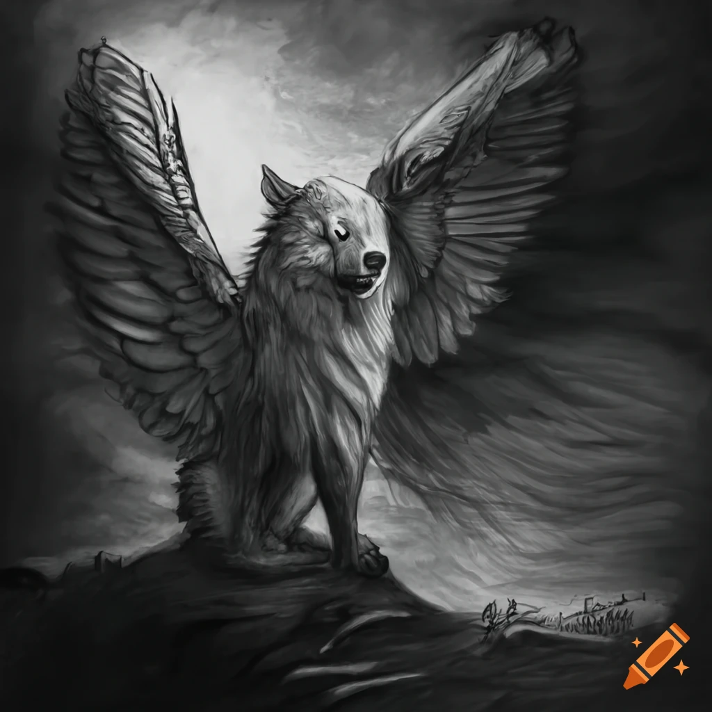 Dark greek mythology landscape of tartarus with a winged wolf on Craiyon