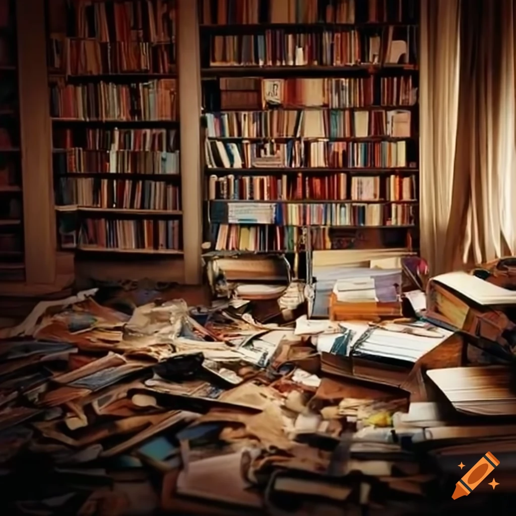 Cluttered room with unorganized books on Craiyon