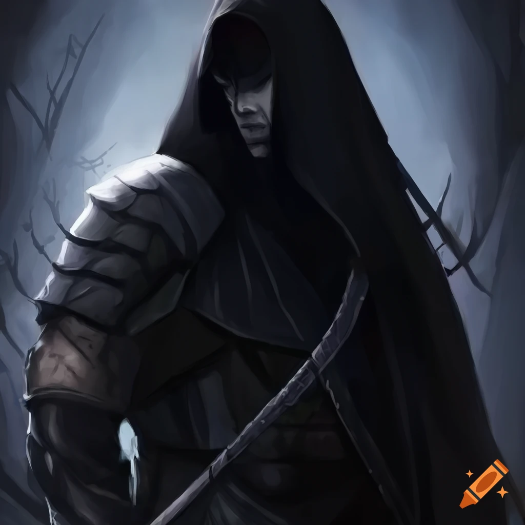 Detailed artwork of a stern male rogue with grey eye and hair, black ...