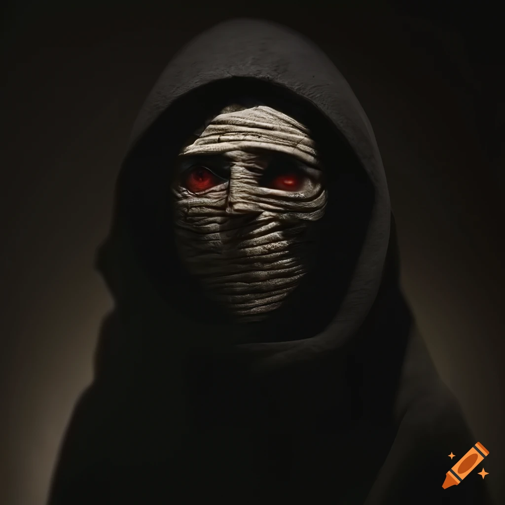 Hyperrealistic close-up of an ancient mummy's face with red eyes and ...