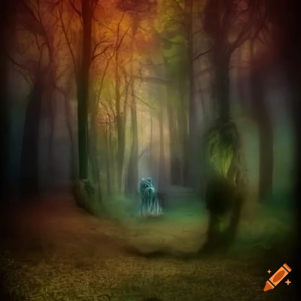 Cherub floating in a colorful haunted forest inspired by Hieronymus ...