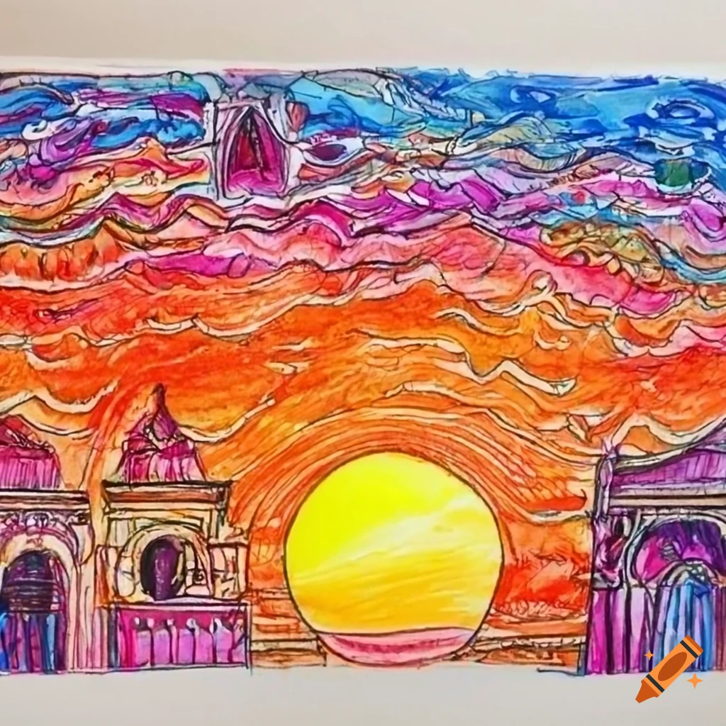 Abstract marker drawing of a colorful sunset inspired by ancient ...