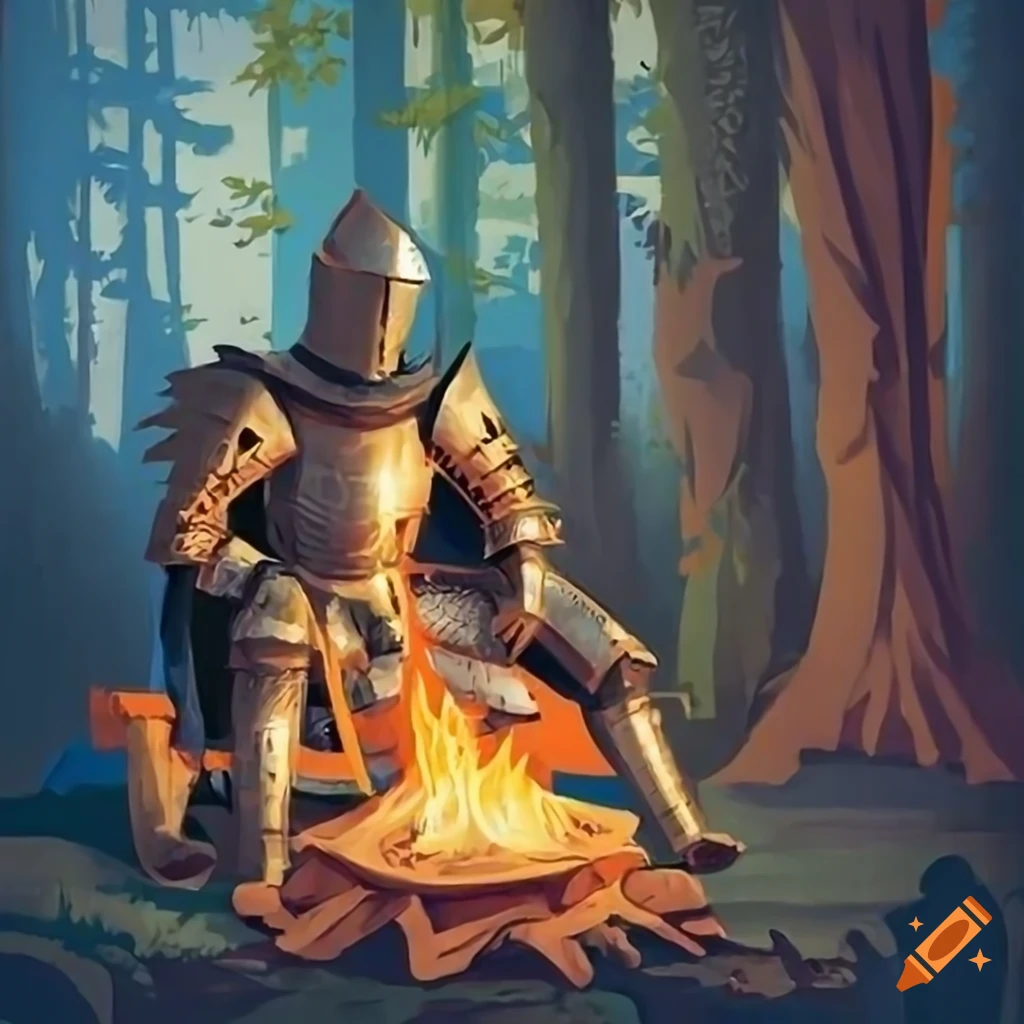 Knight in armor with blue cloak by a campfire in a forest clearing on ...