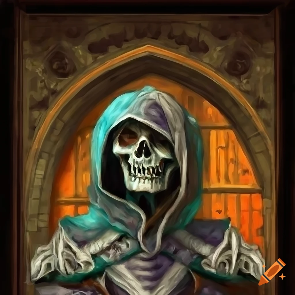Fantasy undead head skull in dark armor by a stained window with castle ...