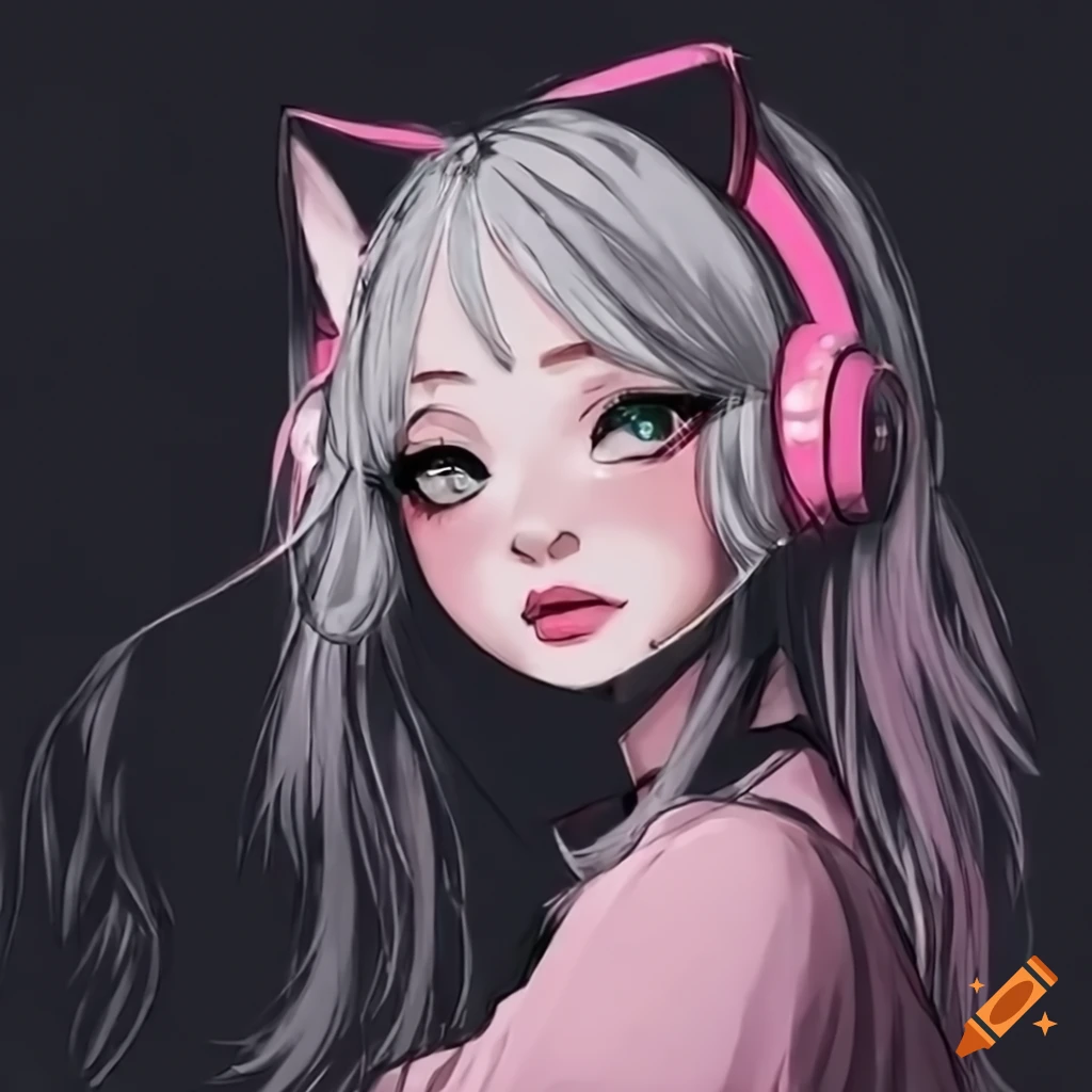 Cute e-girl anime cartoon with pink headset and piercings on Craiyon