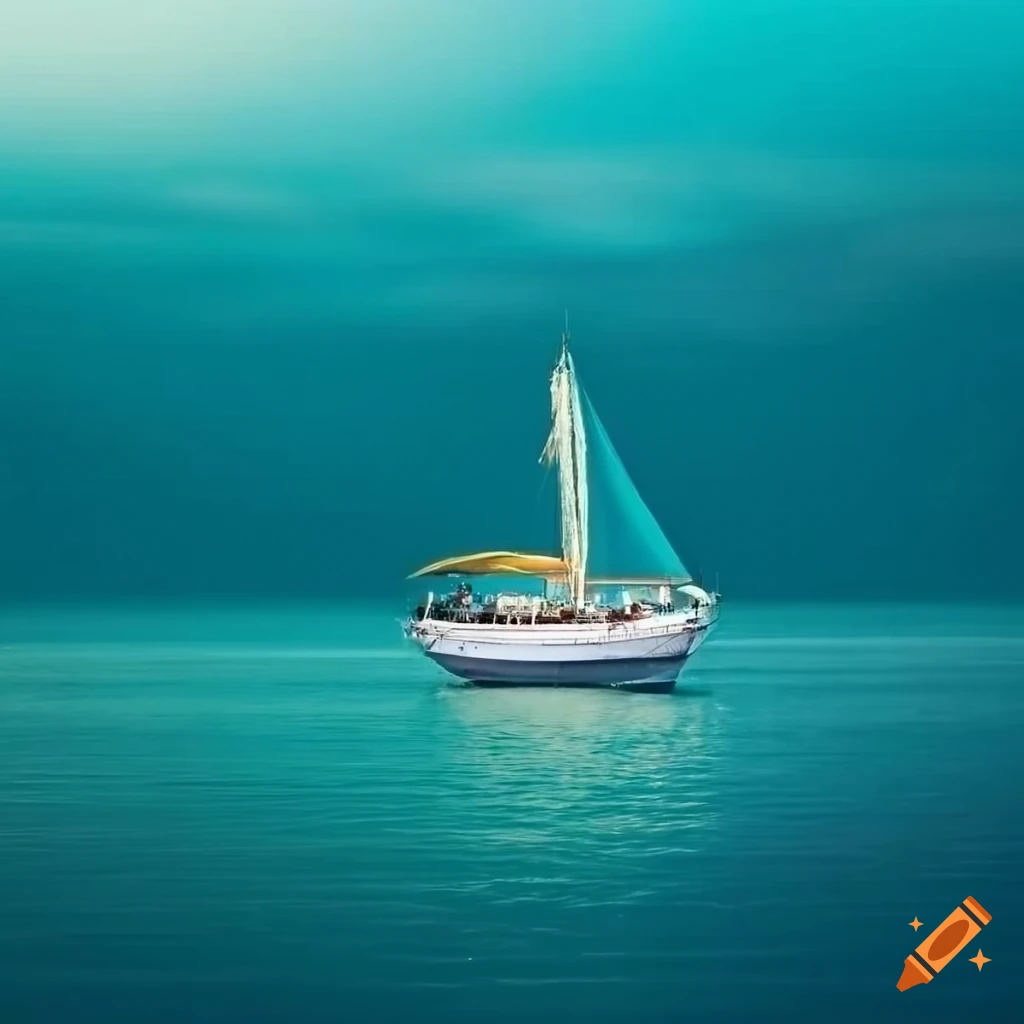 Sailboat with raised sails on turquoise ocean on Craiyon