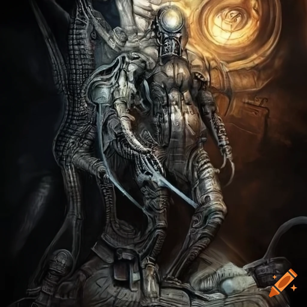 Menacing biomechanical warrior in thought-provoking sci-fi artwork on ...