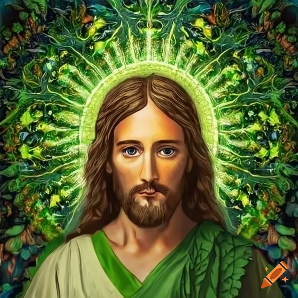 Illustration of Jesus with vibrant green arugula aura on Craiyon